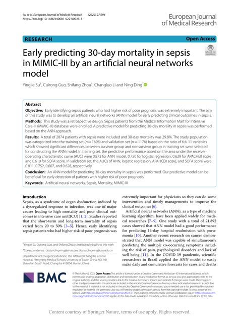 Pdf Early Predicting 30 Day Mortality In Sepsis In Mimic Iii By An Artificial Neural Networks