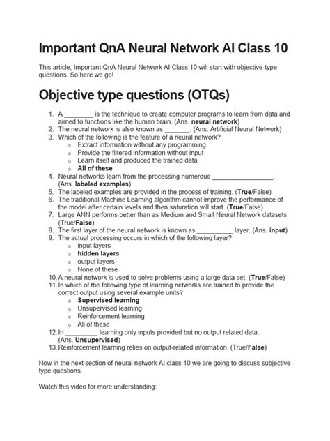 Important Qna Neural Network Ai Class 10 Pdf Artificial Neural