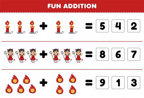 귀여운 만화 촛불 화재 악마 소녀 의상 할로윈 인쇄용 워크 시트의 정확한 수를 추측하여 어린이를위한 교육 게임 재미 추가 프리미엄 벡터