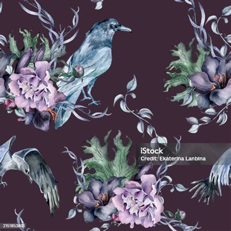 고딕 양식의 꽃 완벽 한 패턴 와 까마귀 그려진 검은 백합 모란 꽃 수채화 그림 절연 통하고 있는 검은 색 검은 새와 어두운