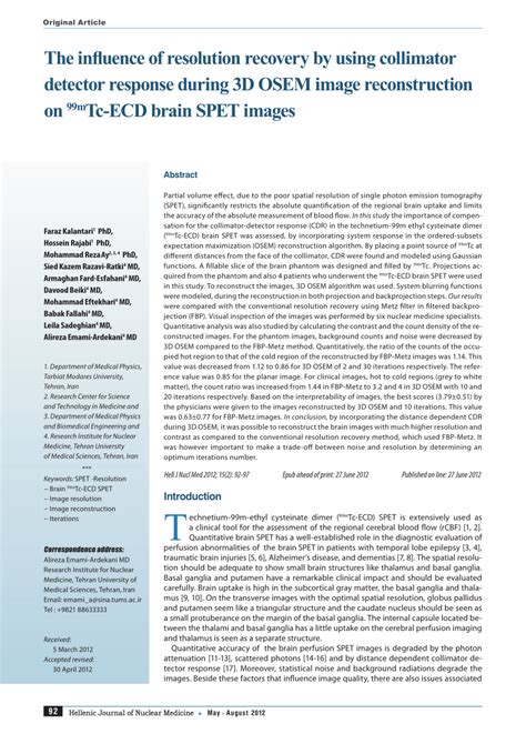 Pdf The Influence Of Resolution Recovery By Using Collimator Detector Response During 3d Osem