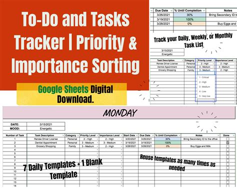 Tasks Tracker To Do List Template Planner Spreadsheet Organizer Daily Weekly