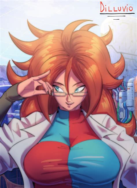 Android 21 Dragon Ball Highres 1girl Blue Eyes Breasts Dilluvio Female Focus Glasses