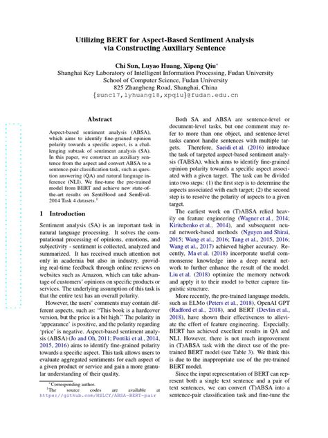 Bert For Aspect Sentiment Analysis Pdf Artificial Intelligence