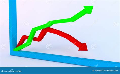 3d Graph With Green Arrow Going Up And Red One Decreasing Over Time Stock Illustration