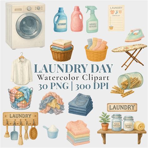 Laundry Day Watercolor Clipart Vintage Laundry Room Graphics