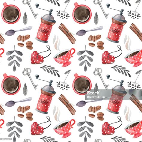 레드 빈티지 컵이 있는 커피 타임 이음매 없는 패턴으로 패브릭 프린트 주방 장식 문구류 포장 및 커피 문화와 관련된 브랜딩에 적합하며 커피 애호가에게 이상적입니다 0명에