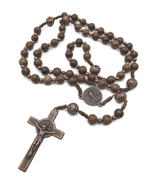 Sacred Wooden Rosary St Benedict Solid Wood And Metal Beads Catholic