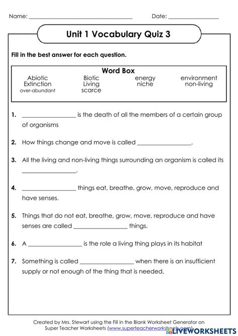 Unit 1 Ecosystems Vocabulary Quiz 3 Worksheet Live Worksheets
