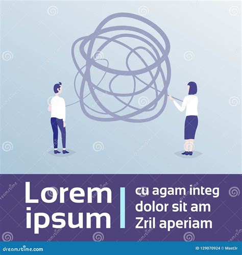 Man Woman Couple Holding Tangled Rope Complicated Difficult Situation Concept People Unraveling