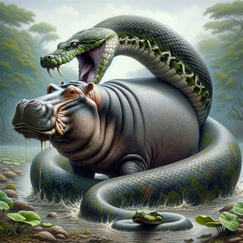 Anaconda Wrapped Around A Hippopotamus In Jungle Ai Art Generator