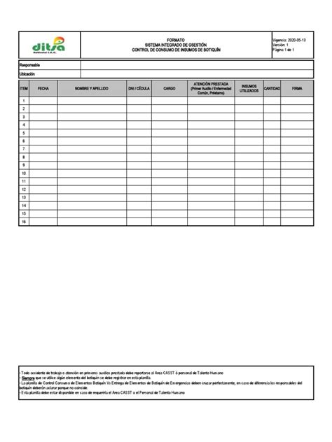 Formato De Control De Consumo Insumos De Botiquín Ditsa V1 Pdf