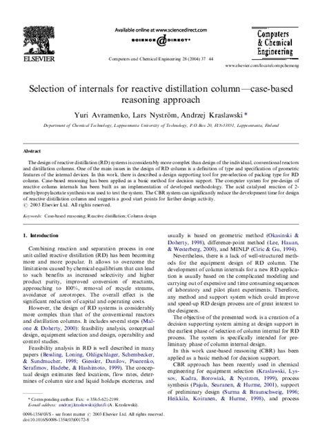 Pdf Selection Of Internals For Reactive Distillation Column—case