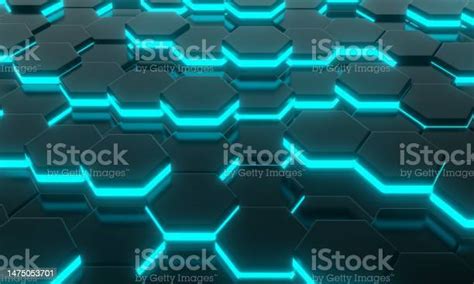 파란색으로 빛나는 네온 조명 배경이 있는 검은색 벌집 육각형 공상 과학 및 과학 기술 개념 3d 일러스트레이션 렌더링 반짝이는에