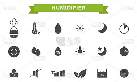 一套以加湿器为主题的单色图标。指示湿度，温度，背光，安静，夜间模式的按钮和符号。矢量插图孤立在白色