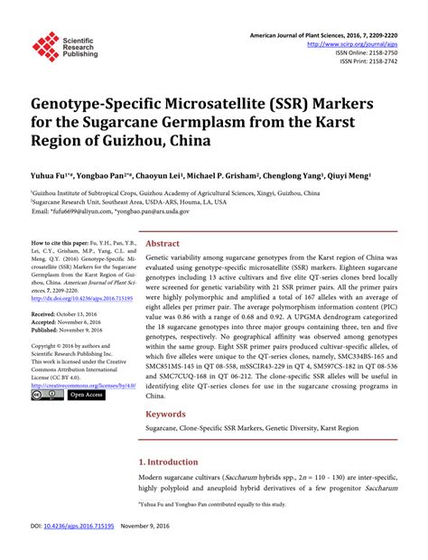 Pdf Genotype Specific Microsatellite Ssr Markers For The Sugarcane Germplasm From The Karst