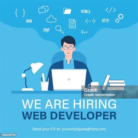 랩톱 일러스트레이션에서 프로그래머가 작업하는 웹 개발자 채용 공석 템플릿 Php 프로그래밍 언어에 대한 스톡 벡터 아트 및 기타