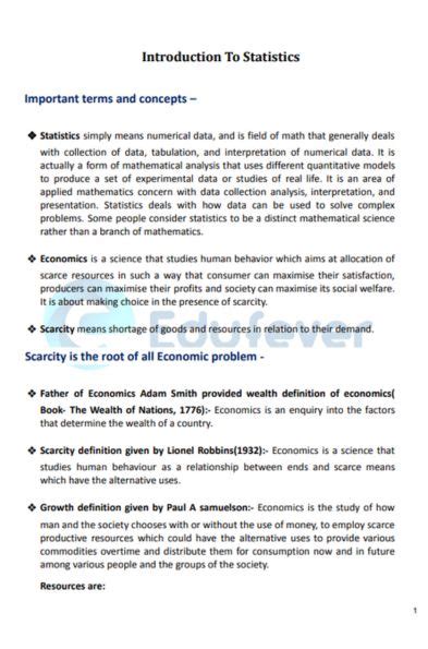Cbse Class 11 Statistics Introduction To Statistics Notes