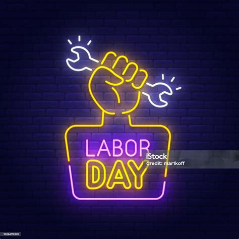 노동절 네온 사인 밝은 간판 배너 빛 행복 한 노동의 날 로고와 엠 블 럼입니다 벡터 일러스트 레이 션 네온에 대한 스톡 벡터 아트 및 기타 이미지 Istock