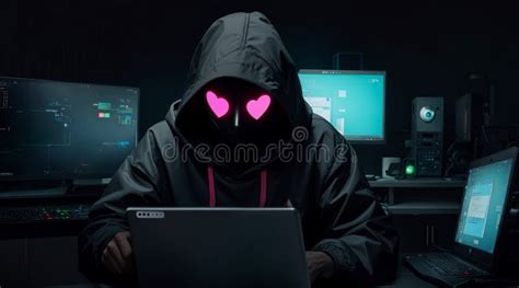 hacker sits in front of monitors anonymous hooded back view hacker attack on remote servers or