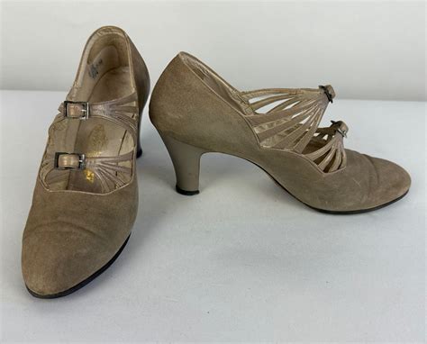 1930s Starlet Stella Shoes Vintage 30s Pebble Grey Suede Leather