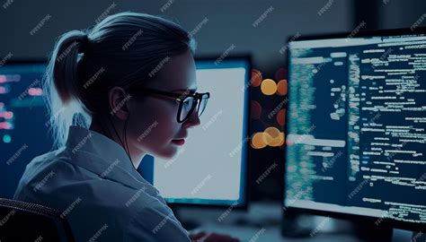 Premium Photo In The Office A Female Programmer Sits In Front Of A Computer Screen Coding An