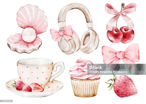 요괴 스타일의 수채화 요소 집합입니다 체리 활 헤드폰 조개 케이크 차 커플 딸기 클립아트 콜라주 스크랩북 머리 리본에 대한 스톡