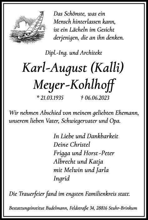 Traueranzeigen Von Karl August Meyer Kohlhoff Trauer And Gedenken