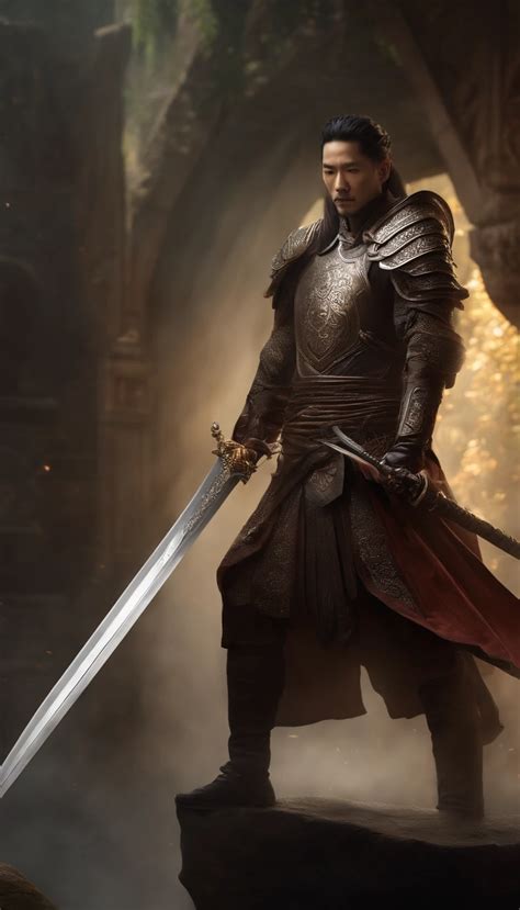 갑옷을 입고 칼을 든 남자가 바위 위에 서 있다 Seaart Ai