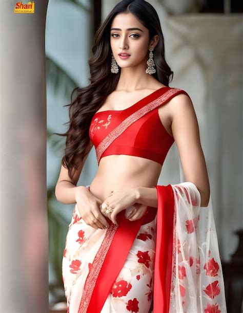 Premium Photo A Model In A Red Sari With A White And Red Design