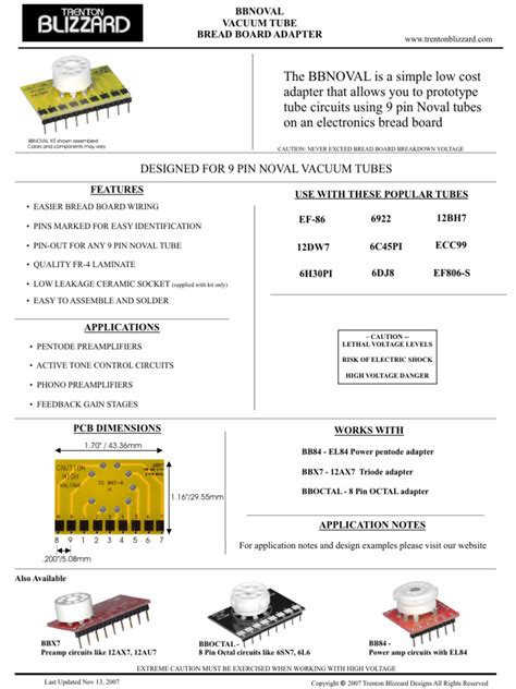 Bb Noval Tube Breadboard Adapter Data Sheet Pdf Vacuum Tube
