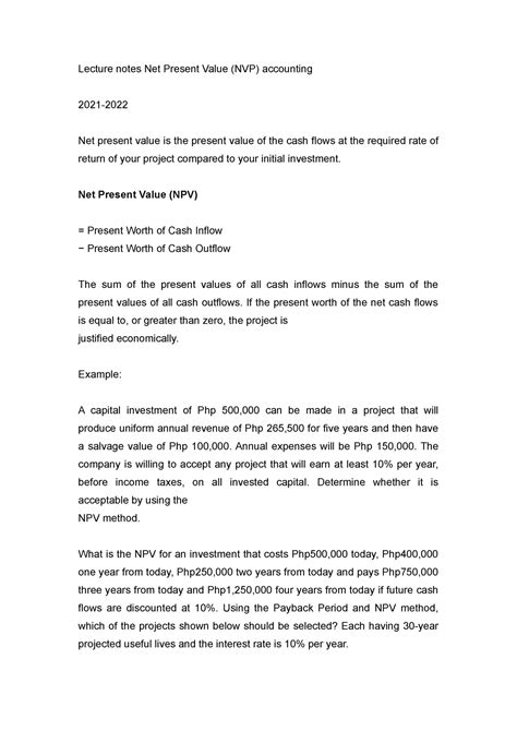 Lecture Notes Net Present Value Net Present Value Npv Present Worth Of Cash Inflow