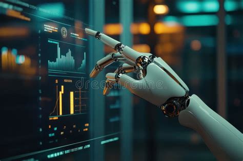 a robotic hand interacts with a digital display showcasing data and