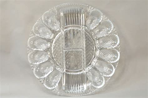 Vintage Clear Glass Deviled Egg Tray With Relish Compartments By Le