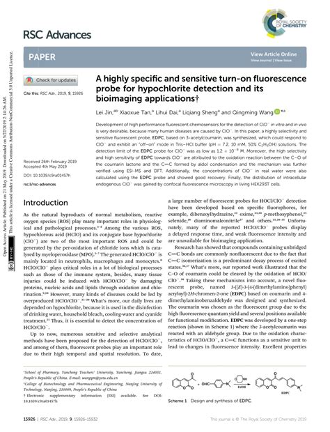 Pdf A Highly Specific And Sensitive Turn On Fluorescence Probe For Hypochlorite Detection And