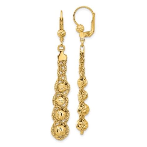 14k Yellow Gold Polished Textured And Beaded Drop And Dangle Earrings
