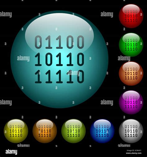 Binary Code Icons In Color Illuminated Spherical Glass Buttons On Black