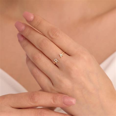 14k Gold Diamond Initial Ring Personalized Letter Ring Etsy