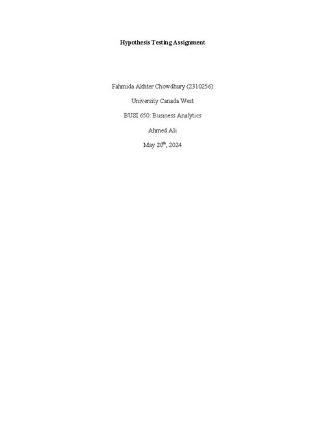 hypothesis testing assignment hypothesis testing assignment fahmida akhter chowdhury 2310256