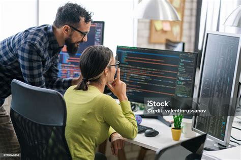 Couple Software Engineer Developer Use Computer Work On Program Coding