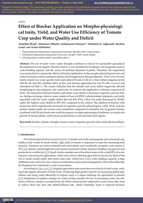 Pdf Effect Of Biochar Application On Morpho Physiological Traits Yield And Water Use