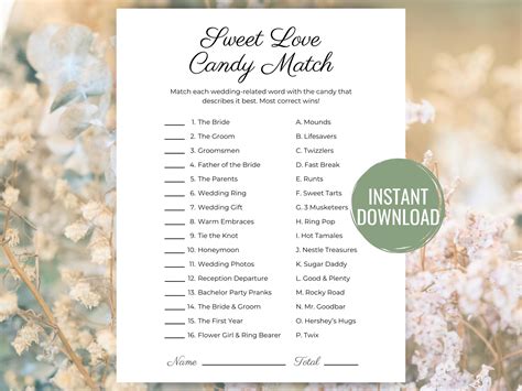 Sweet Love Candy Match Game Fun Bridal Shower Game Printable Minimalist Wedding Shower Game