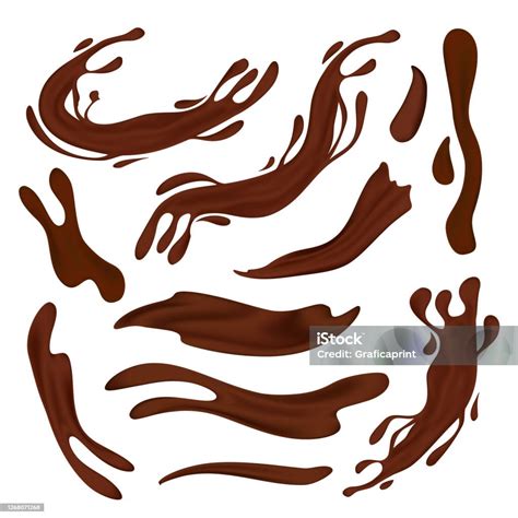 초코 또는 커피는 벡터 세트를 물방울과 튀깁니다 갈색 또는 다크 초콜릿 수평 및 수직 스플래시 또는 액체 소용돌이 및 흰색 배경에 고립 된 파도의 3d 사실적인 그림 물이