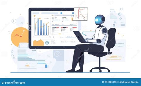Robot Analyzes Data On A Large Display Screen Stock Illustration