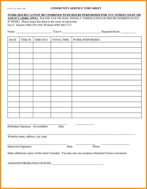 Printable Court Ordered Community Service Hours Log Sheet Printable