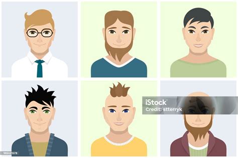 남자 아바타 얼굴 미소 세트 평평 자세한 사람들이 초상화 아이콘 컬렉션입니다 벡터 일러스트입니다 갈색 머리에 대한 스톡 벡터 아트 및 기타 이미지 Istock