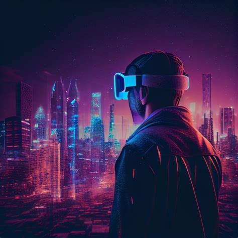 Premium Photo Human Wearing Vr Glasses Looking At The Hologram Of The City Ai Generated