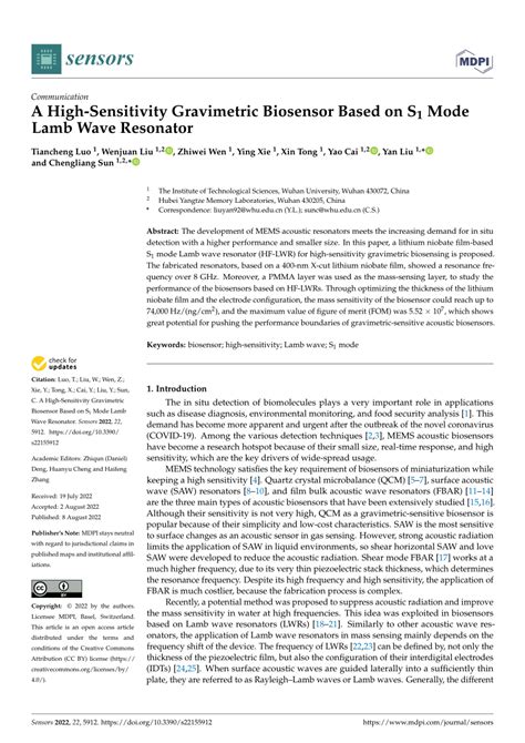 Pdf A High Sensitivity Gravimetric Biosensor Based On S1 Mode Lamb Wave Resonator