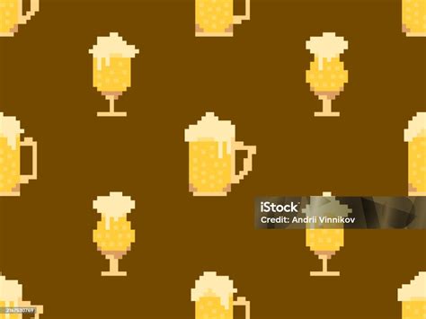 픽셀 스타일의 맥주 잔과 함께 완벽 한 패턴 거품이 있는 8비트 맥주 머그잔 80 년대와 90 년대의 8 비트 복고풍 그래픽 스타일의 픽셀 맥주 배너 및 포스터를 위한