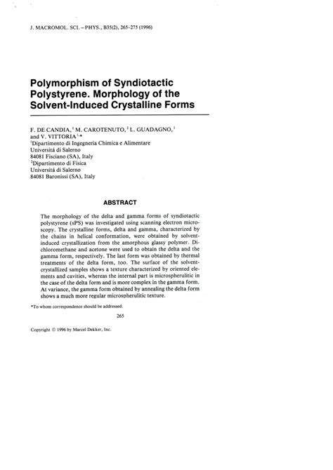 Pdf Polymorphism Of Syndiotactic Polystyrene Morphology Of The Solvent Induced Crystalline Forms